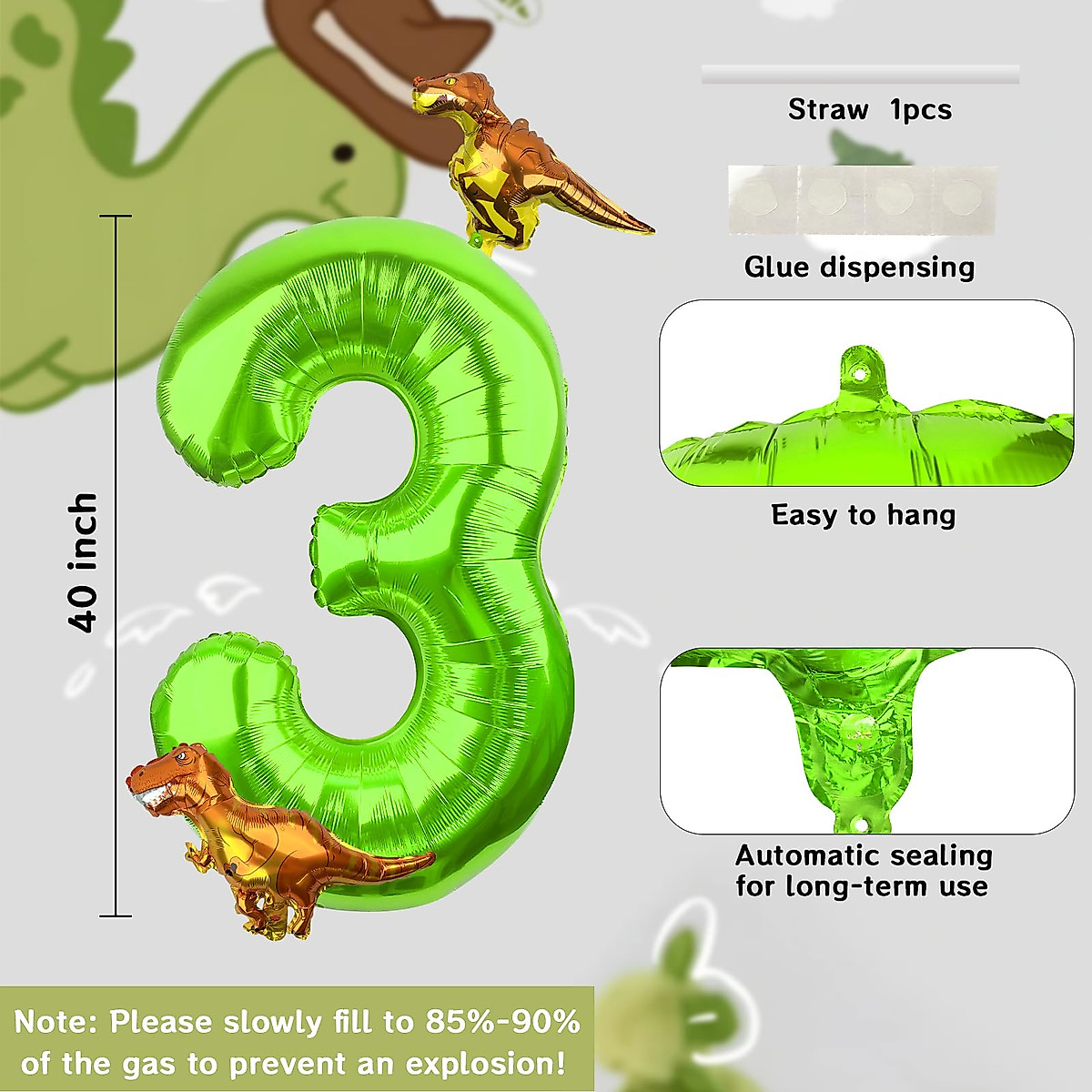 LEBERY Dinosaur Number 3 Ballloon, 40 Inch Green Number 3 Balloon, Mini Dino Foil Balloons Baby Dinosaur Balloons for Kid Dino Theme Jungle 3rd Birthday Baby Shower Party Decorations