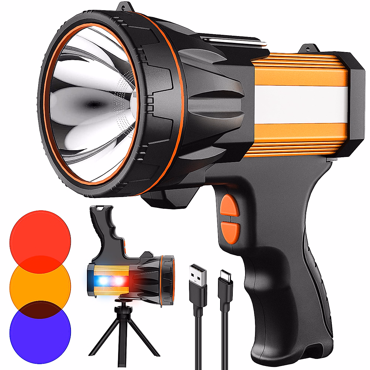 GEARTORERO 1000000LM 2024 Spotlight 30W Energy Saving, 60H Standby Battery LED Flashlight, IP68 Waterproof & 360° Adjustable Tripod for Outdoor Indoor Camping Hunting Emergency