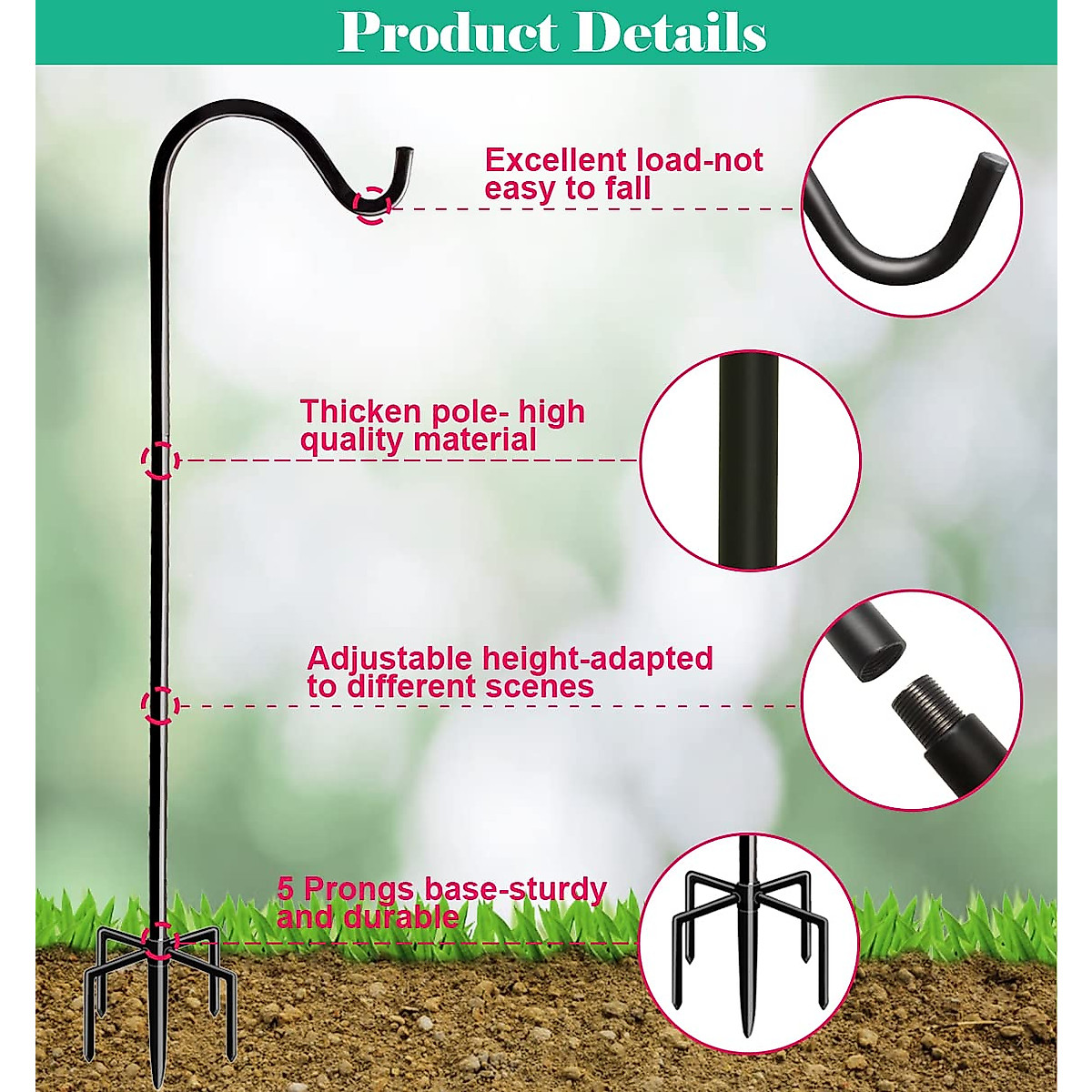 Fandature 76 Inch Tall Outdoor Shepherds Hook with 5 Prong Base, Adjustable Bird Feeder Pole Hanger for Hanging Outside Birdfeeders, Plant Baskets, Lanterns, Wedding Decor