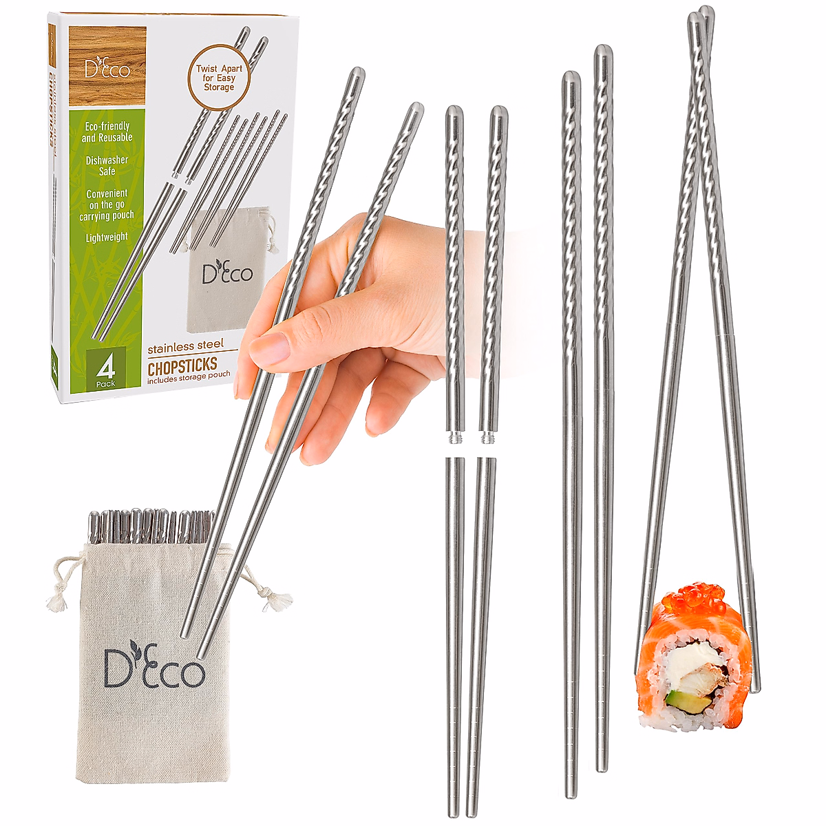 D'Eco Reusable Metal Chopsticks (4 Pairs) - Includes 4 Sets of Stainless Steel Twist Apart Silver Chopsticks & Travel Pouch - Lightweight, Durable, Dishwasher Safe - Great for Chinese Japanese Cuisine