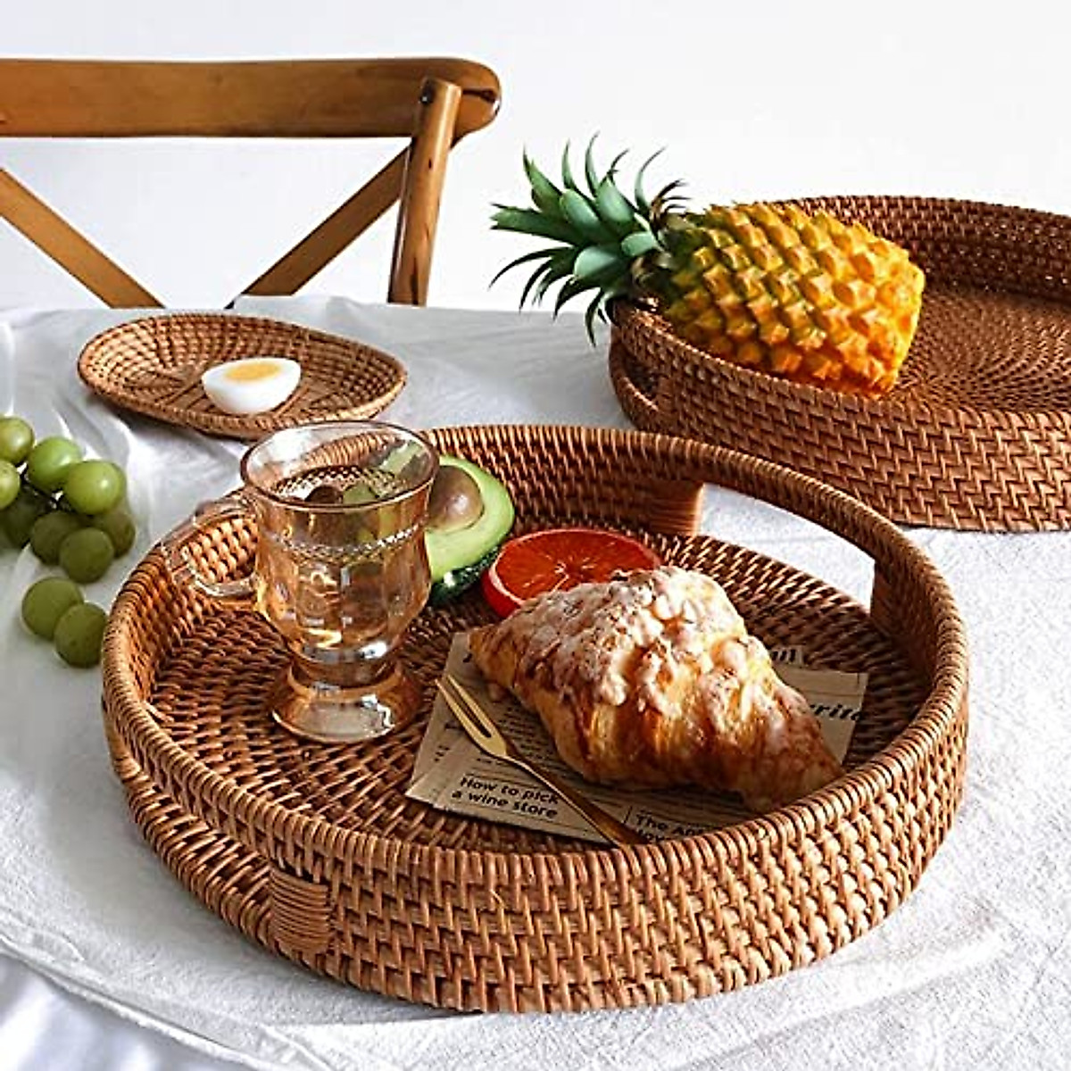 Rattan Tray, Wicker Tray, Rattan Decor, Round Tray, Serving Tray, Decorative Tray, Ottoman Tray, Coffee Table Tray, Includes Eucalyptus Leaves with Stems of 18",Wooden Tray (11.8" x 2.4 ")