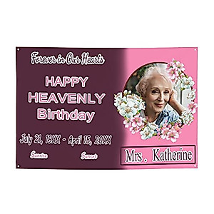 Custom Memorial Banner, Personalized Birthday Banners in Memory with Photo Name Date, Customizable Polyester Happy Heavenly Birthday for Outdoor Porch Patio Decorations 47x71 inches