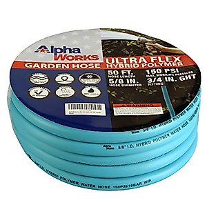 AlphaWorks Garden Water Hose 5/8" Inch x 50' Foot Heavy Duty Premium Commercial Ultra Flex Hybrid Polymer Lead-in Hose Max Pressure 150 PSI/10 BAR with 3/4" GHT Fittings