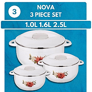 Nova Casserole, Stainless Steel insulated Hot Pot, Elegant Food Warmer Cooler, Thermal Serving Bowl, Keeps Food Warm, Hot & Cold for Long Hours for Hours Set of 3 Pcs (1.0L 1.6L 2.5L) (White)