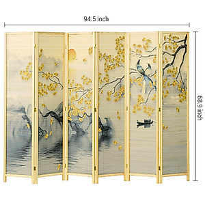 MyGift 6 Panel Large Bamboo Room Divider with Dual Sided Asian Birds Gingko Biloba Tree Sunset Design Print, Freestanding Artwork Privacy Partition Folding Screen with Beige Solid Wood Frame