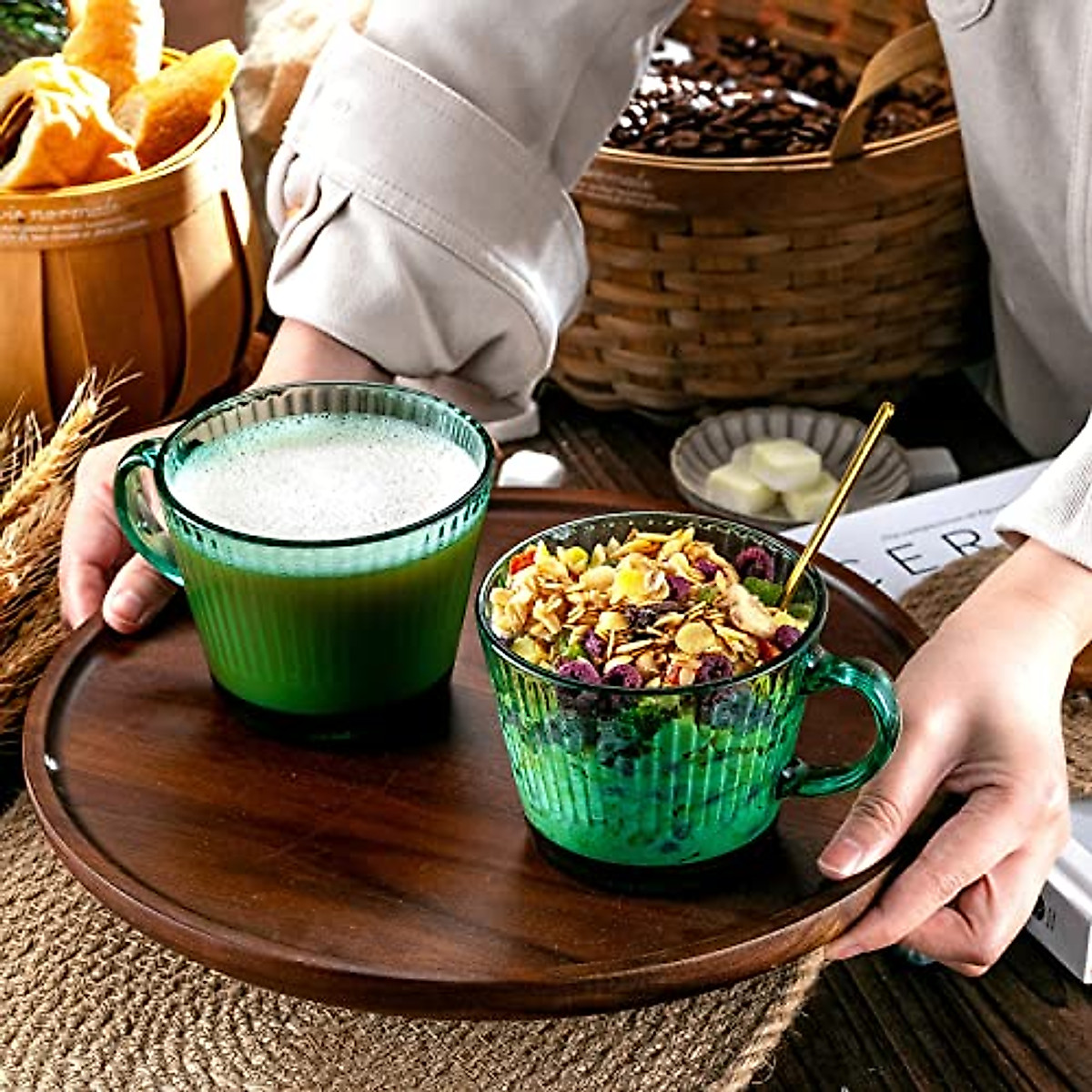 Buaic Glass Coffee Mugs, 14 Oz Set of 2 Vertical Stripes Green Glass Cups Stackable Coffee Cups, Tea Cups, Vintage Mugs for Cappuccino, Latte,Cereal,Beverage Hot/Cold Birthday Day Gifts