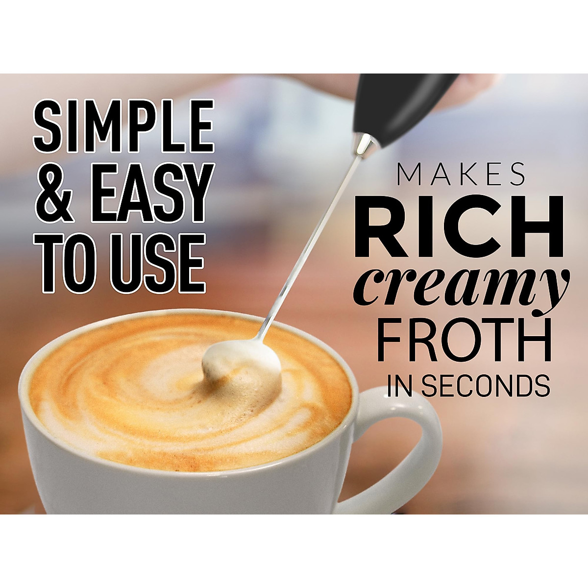Zulay Kitchen Powerful Milk Frother Wand - Ultra Fast Handheld Drink Mixer - Electric Whisk Foam Maker for Coffee, Lattes, Cappuccino, Frappe, Matcha, Hot Chocolate & Coffee Creamer - Milk Boss Black