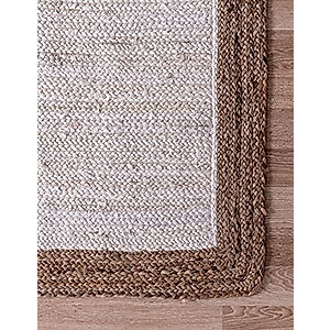 Unique Loom Braided Jute Collection Classic Quality Made Natural Hand Woven with Solid Color Detail, Area Rug, Rectangular 4' 0" x 6' 0", White/Beige