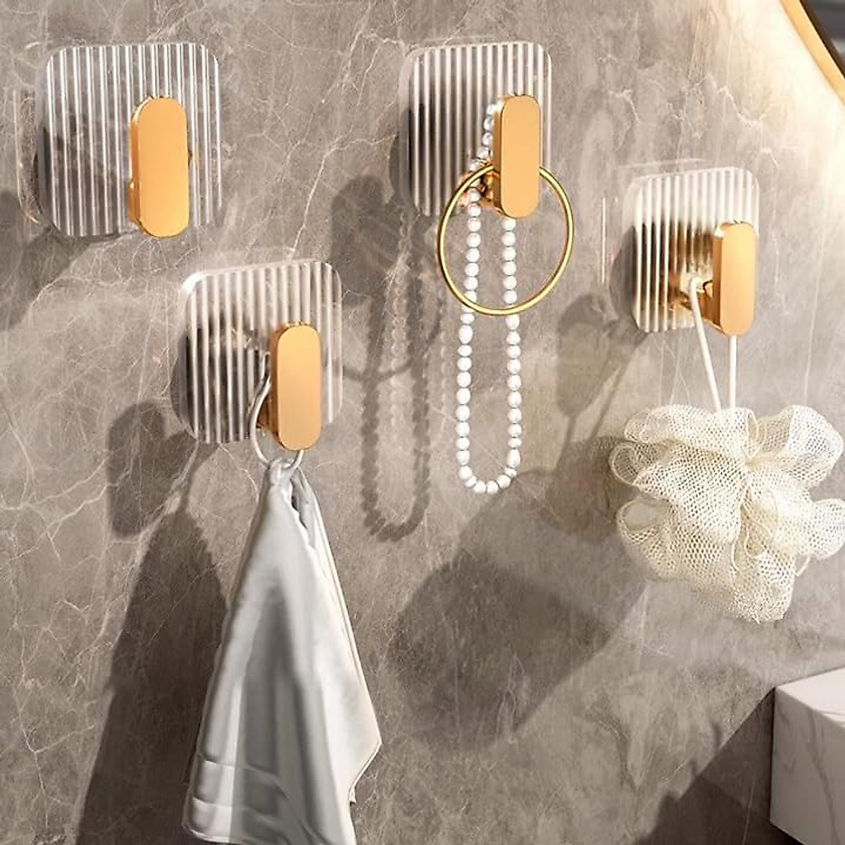 Generic Self Adhesive Gold Acrylic Hook Waterproof Heavy Duty Wall Bathroom Shower Kitchen RV Holder Hooks Self-Adhesive Non-Punching L Shape Wall Mounted Cabinet Hangers 4 Pack