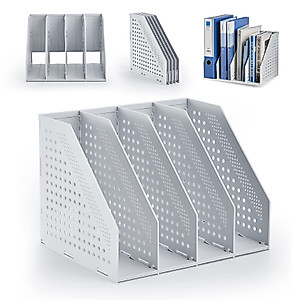 LEAGOO Collapsible File Folder Organizer, Plastic Desk Magazine Holder with 4 Vertical Compartments for Office Desktop, Home Workspace, Locker Organization and Storage, Light Gray