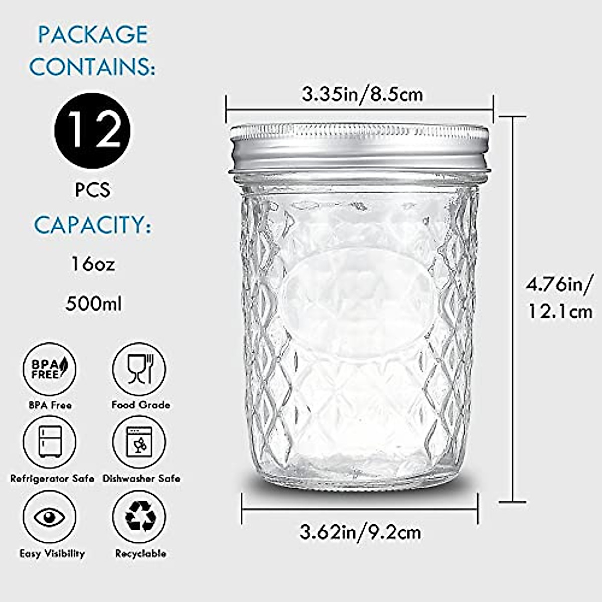 YEBODA 16 oz Mason Jars Wide Mouth Canning Jars 12 Pack Glass Jars with Silver Metal Airtight Lids and Bands for Jam, Honey, Wedding Favors, Shower Favors, Yogurt, Sauces, Overnight Oats
