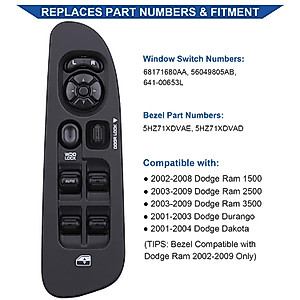 Master Power Window Switch and Bezel 56049805AB, Compatible with 2002-2009 Dodge Ram 1500 2500 3500, 2001-2004 Dodge Dakota, 01-03 Dodge Durango, 05-09 Dodge Sprinter, Replaces 68171680AA, 641-00653L