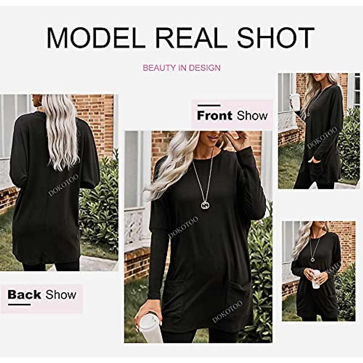 Dokotoo Womens Comfy Casual Winter Long Sleeve T Shirt Tunics Tops Blouse Fashion Oversized Shirts Tunic with Pockets Tops for Leggings Summer Autumn Spring (US 16-18) XL,Black