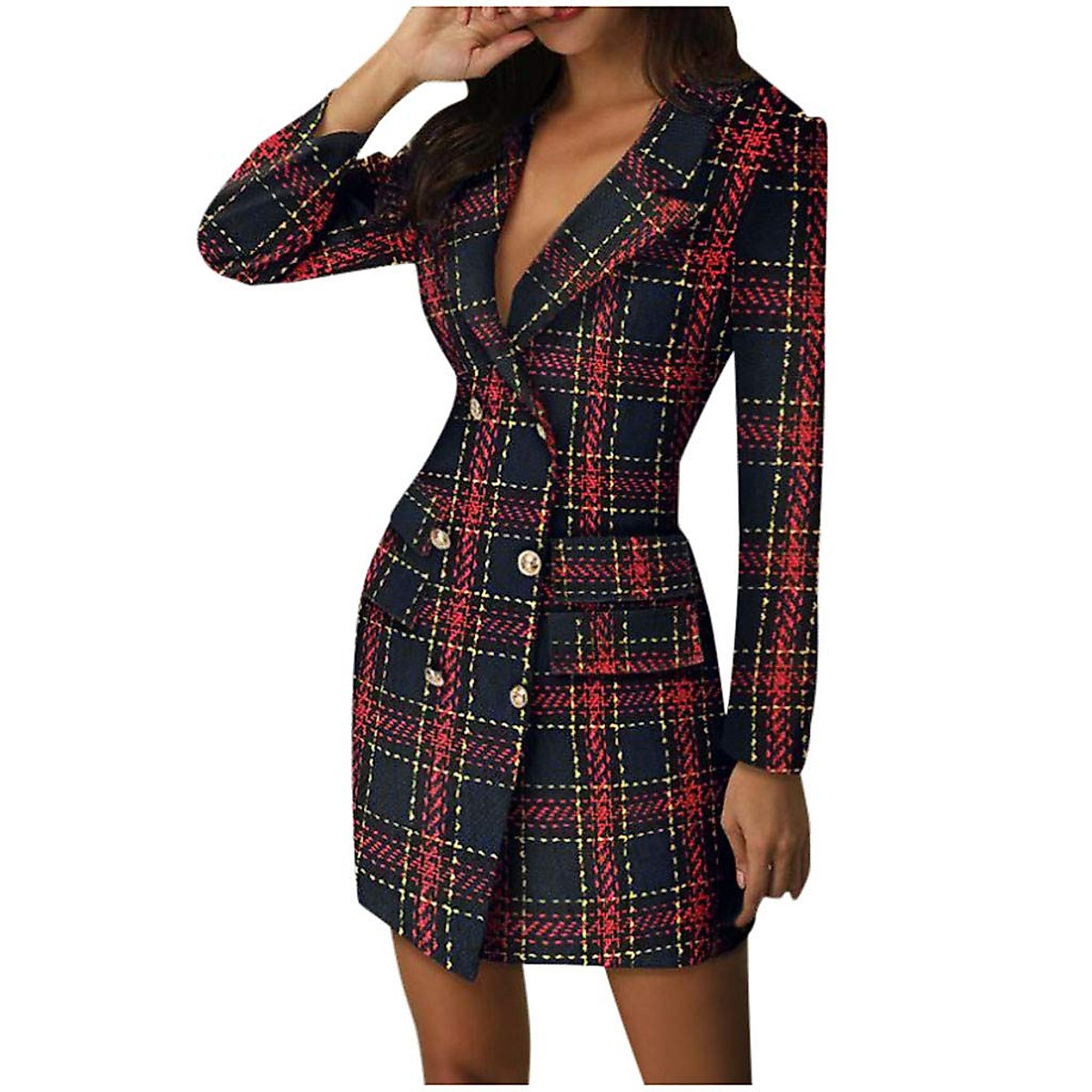 F_Gotal Womens Dresses Double Breasted Plaid Button Front Business Pencil Style Long Dress for Work Casual Party Cocktail Red
