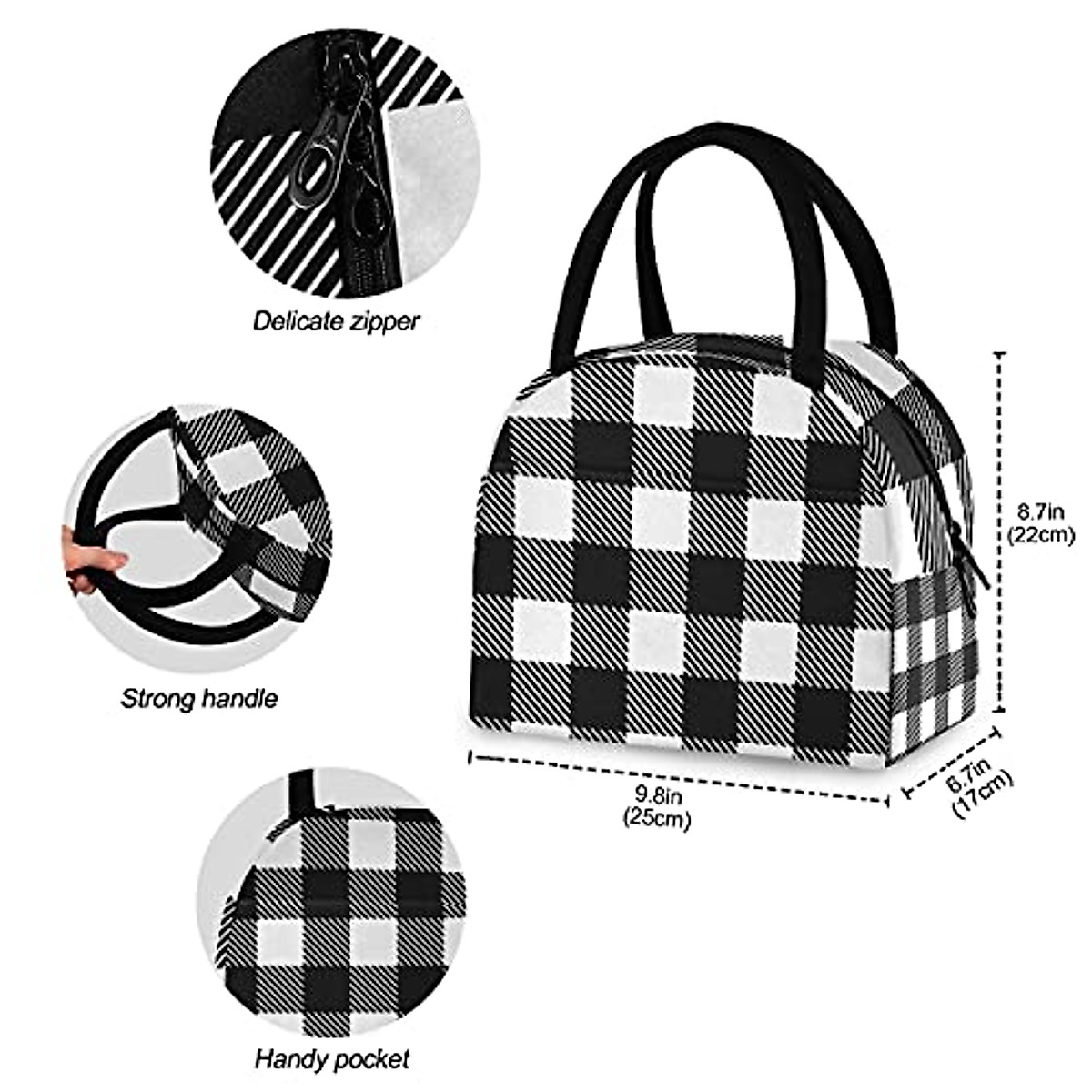xigua White Black Buffalo Plaid Lunch Bag Insulated Portable Lunch Tote Reusable Lunch Box for Office School Picnic Travel Camping