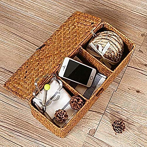 3 Grids Hand-Woven Water Hyacinth Baskets With Lid, Straw Storage Basket