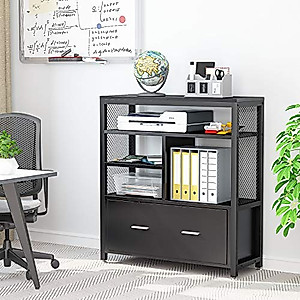 Tribesigns Wood Lateral File Cabinet with Drawer for Letter Size, Large Modern Filing Cabinet Printer Stand with Metal Wire Open Storage Shelves for Home Office (Black)