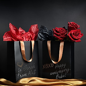 Anavego 6 First-Class Black Gift Bags with Metallic Markers for Personalization & Tissue Paper. Medium Size 8x10″. Matte & Sturdy. Handles from Gold Satin. Birthday Bags Set for Women & Men