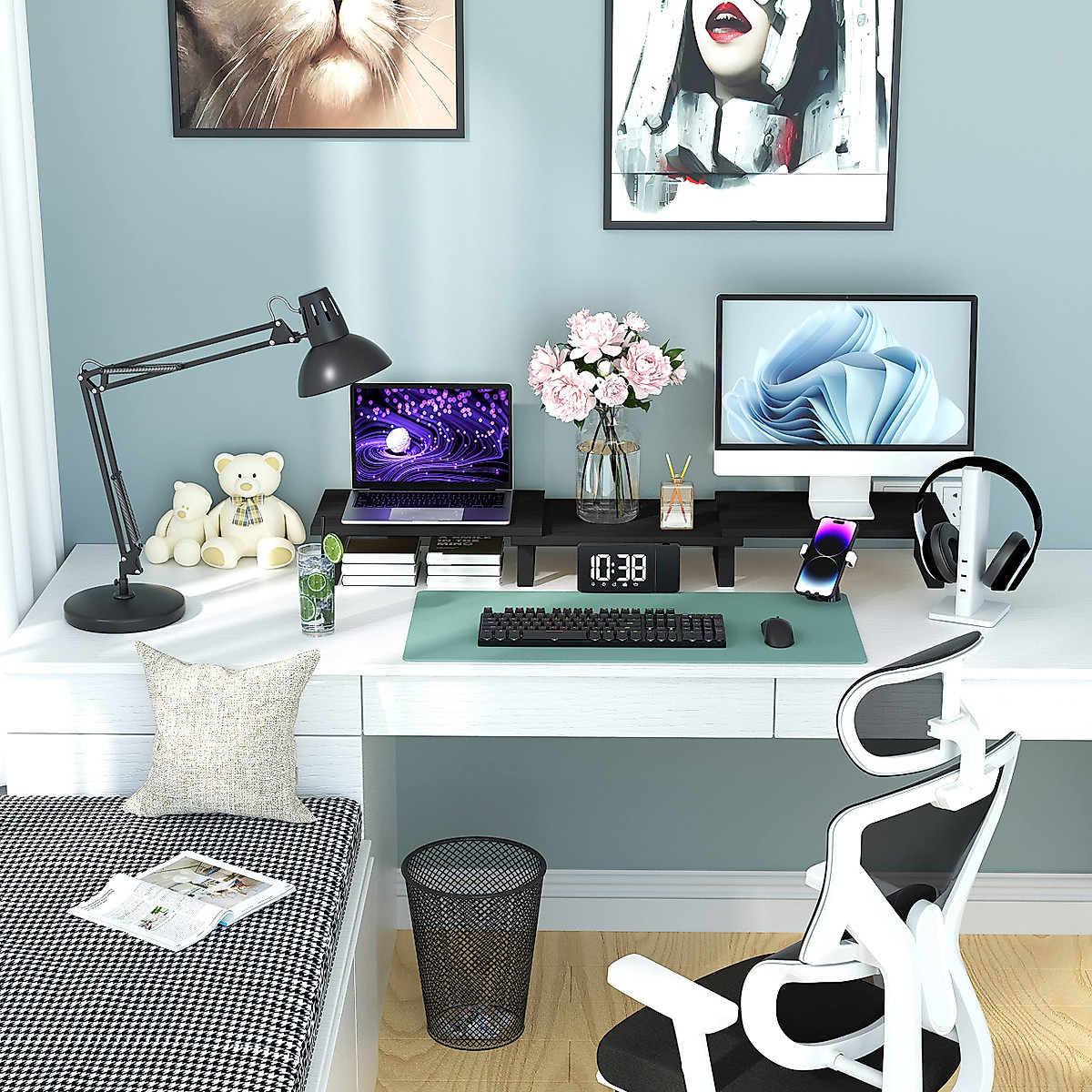 Aothia Desk Dual Monitor Stand Riser - Computer Stand For Desktop Monitor, Desk Shelf For Monitor, Wood Monitor Stand With Adjustable Length And Angle, Desktop Organizer, Large Monitor Stand (Black)