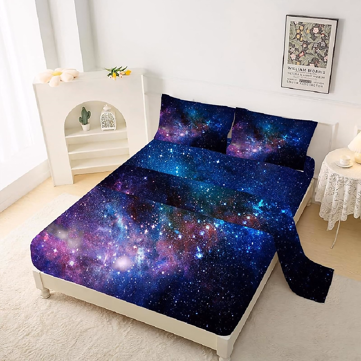 kxry Blue Purple Galaxy Fitted Sheet Sets Queen Size for Boys Kids Teens Outer Space Starry Sky Universe Bedding Set 1 Fitted Sheet + 1 Flat Sheet + 2 Pillow Cases