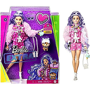 Barbie Extra Doll & Accessories with Long Periwinkle Hair, Teddy Bear-Print Denim Jacket, Matching Shorts & Pet Puppy