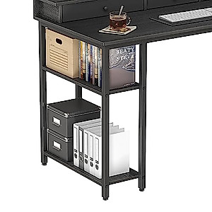 Treesland Large Desk, 24" Deep, Computer Desk with Monitor Stands, 67" L x 47" W Home Office Desks, Desk with Storage Shelves and 5 Drawers, Black