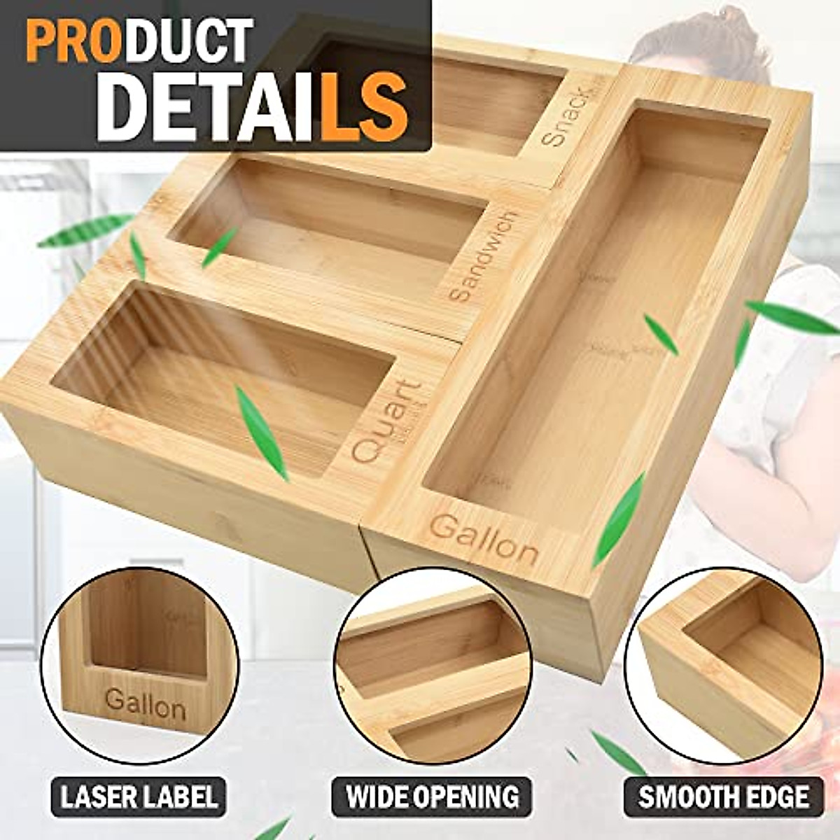 Ziplock Bag Organizer, Bamboo Ziplock Bag Organizer for Drawer, Kitchen Food Storage Bag Organizer Suitable for Gallon, Quart, Sandwich, Snack Bag, Sandwich Bag Dispenser Holders