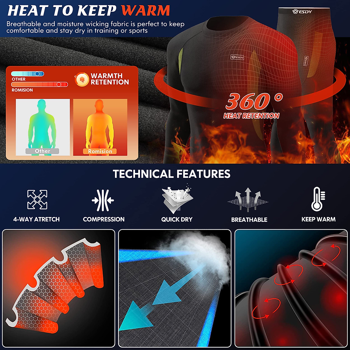 romision Thermal Underwear for Men 2 Pack Sets, Soft Long Johns Warm Base Layer Top and Bottom with Fleece Lined for Cold Winter