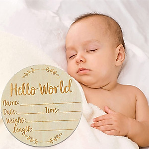 joaoxoko Hello Horld Newborn Sign，5.9 Inch Round Wooden Baby Announcement Sign for Newborn Boys and Girls，Welcome Baby Sign for Hospital Photo Prop Gift (Leaf)