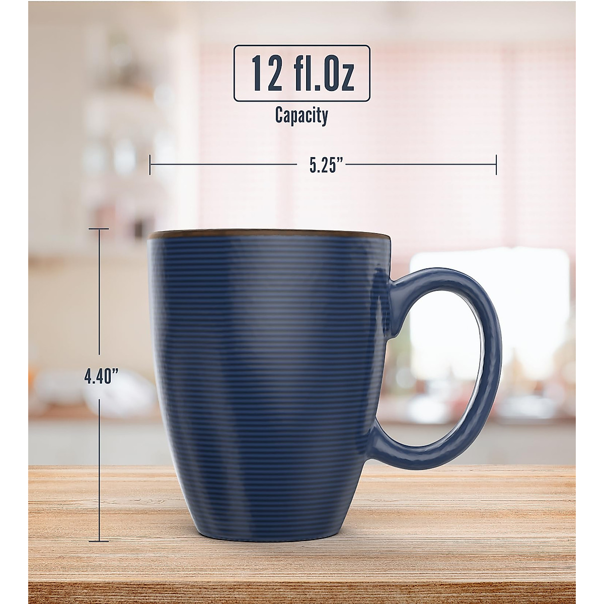 Francois et Mimi Set of 6 12oz Designer Ribbed Style Colorful Ceramic Coffee Mugs, Coffee Cups Gift Set for Coffee, Tea, Cocoa and More. Dishwasher and Microwave Safe.