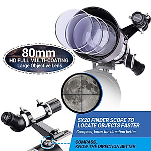 Telescopes for Adults Astronomy, 80mm Large Aperture for Astronomy Beginners, Adults 3 Rotatable Eyepieces Refractor Telescope 400mm/80mm with Tripod, Phone Adapter