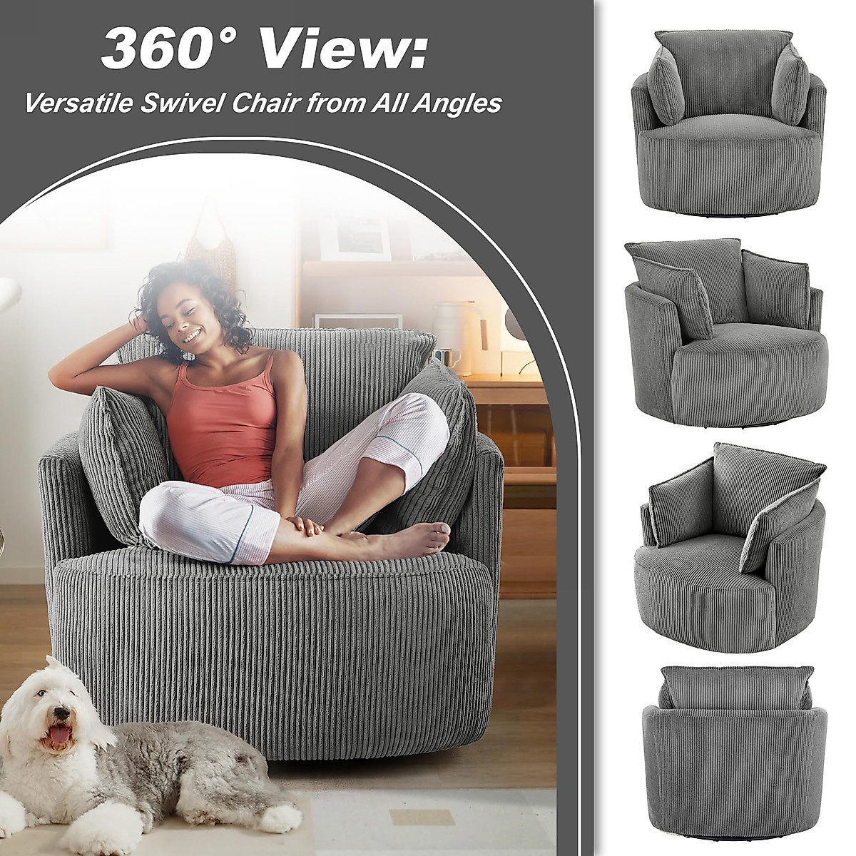 Chorlenimi Swivel Accent Chair,Corduroy Accent Chairs for Living Room,Comfy Living Room Chairs,Oversized Swivel Chair for Bedroom,360° Barrels Chairs,No Assembly Required