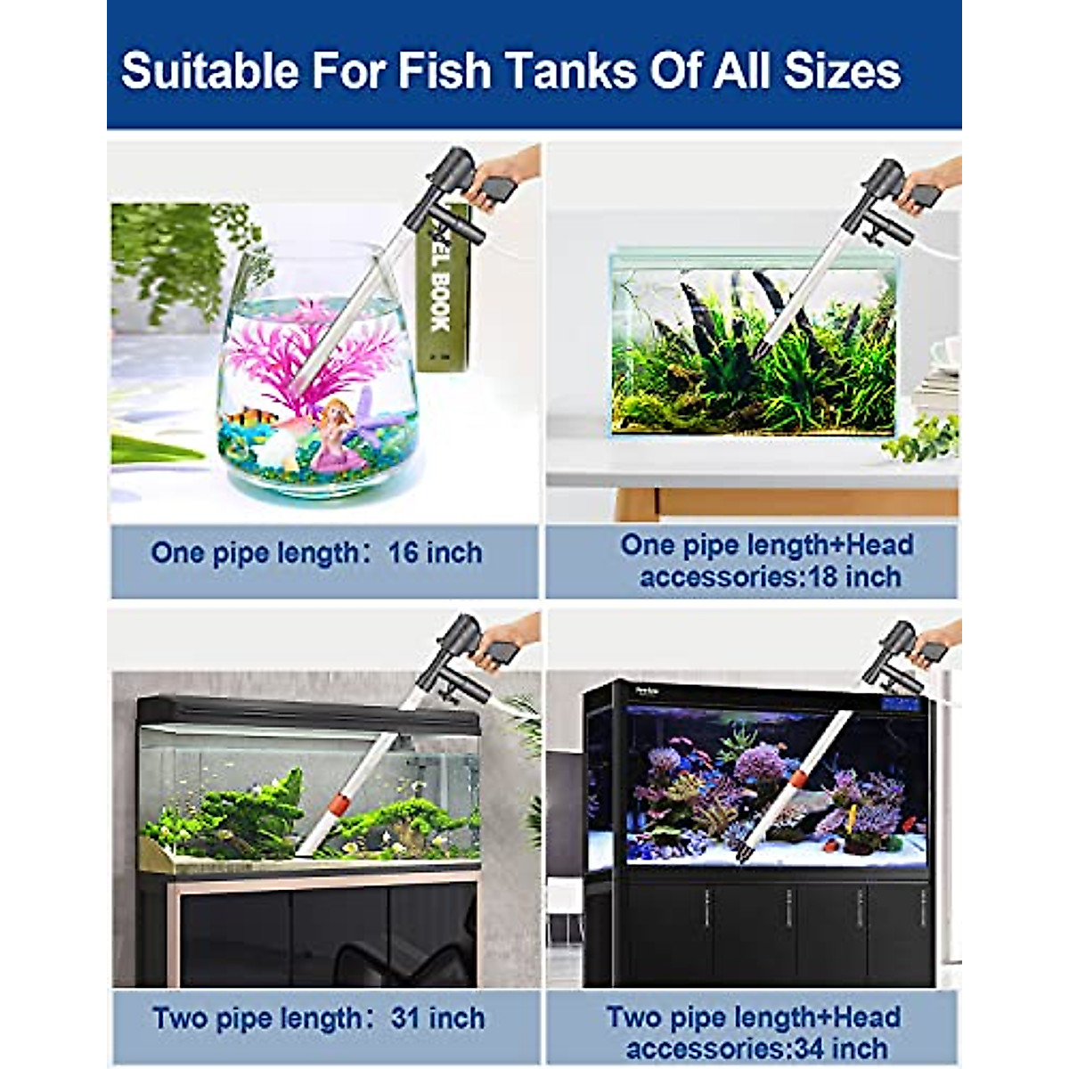 QZQ Aquarium Gravel Cleaner [2023 Edition] Vacuum Fish Tank Vacuum Cleaner Tools for Aquarium Water Changer with Aquarium Thermometers Fish Net kit Use for Fish Tank Cleaning Gravel and Sand