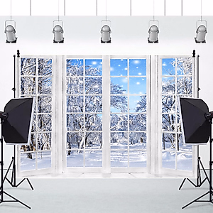 CRTPOD 15x10ft Winter Window Backdrop for Photoshoot Snow Forest Wonderland Background for Photography Holiday Christmas New Year Family Party Banner Wall Kids Portrait Studio Props