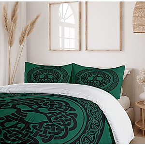 Ambesonne Celtic Duvet Cover Set, Monochrome Tree of Life Illustration Timeless European Motif, Decorative 3 Piece Bedding Set with 2 Pillow Shams, Queen Size, Forest Green Black