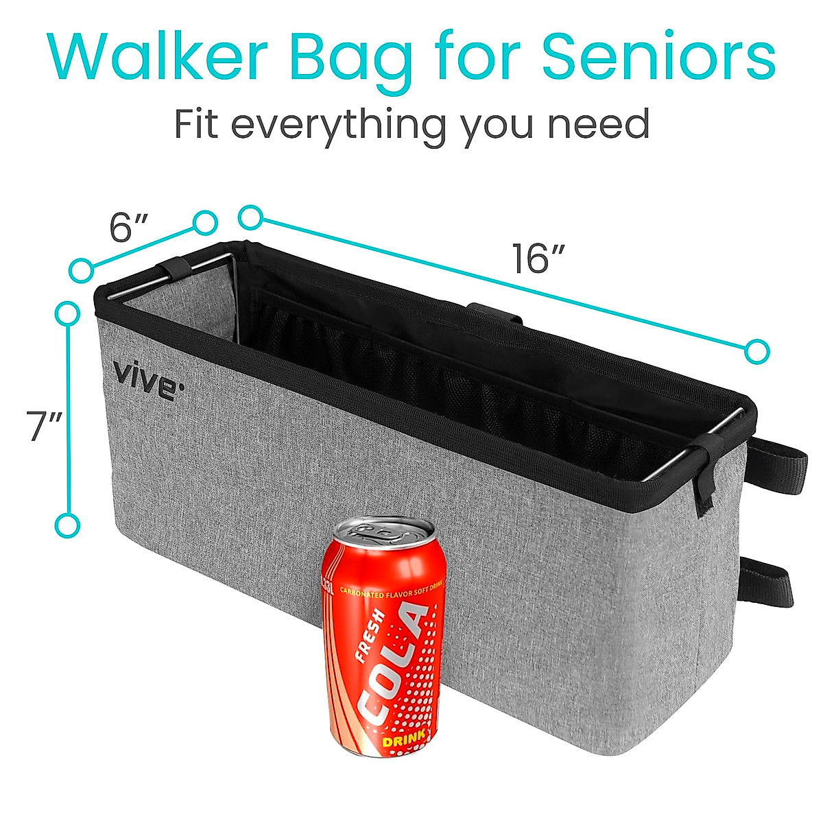 Vive Walker Basket Accessories Bag - Tray for Folding Walker with Water Cup Holder & Pockets - Universal Large Capacity Storage Container for Seniors, Elderly - Storage Mobility Aid Pouch (Gray)
