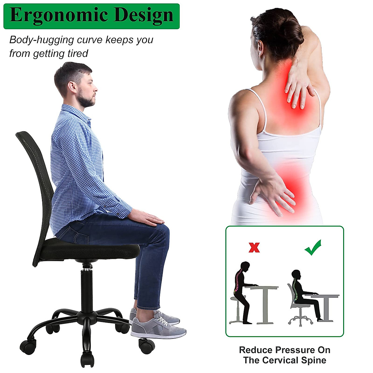 Ergonomic Office Chair Mesh Support Modern Executive Mid Back Rolling Swivel Chair Computer Chair Task Chair for Men& Women, Black
