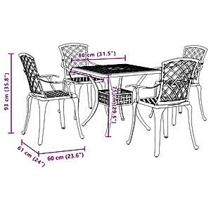 vidaXL White Cast Aluminum Patio Dining Set - Square Garden Table and Four Chairs with Umbrella Hole for Outdoor, Lawn, Backyard