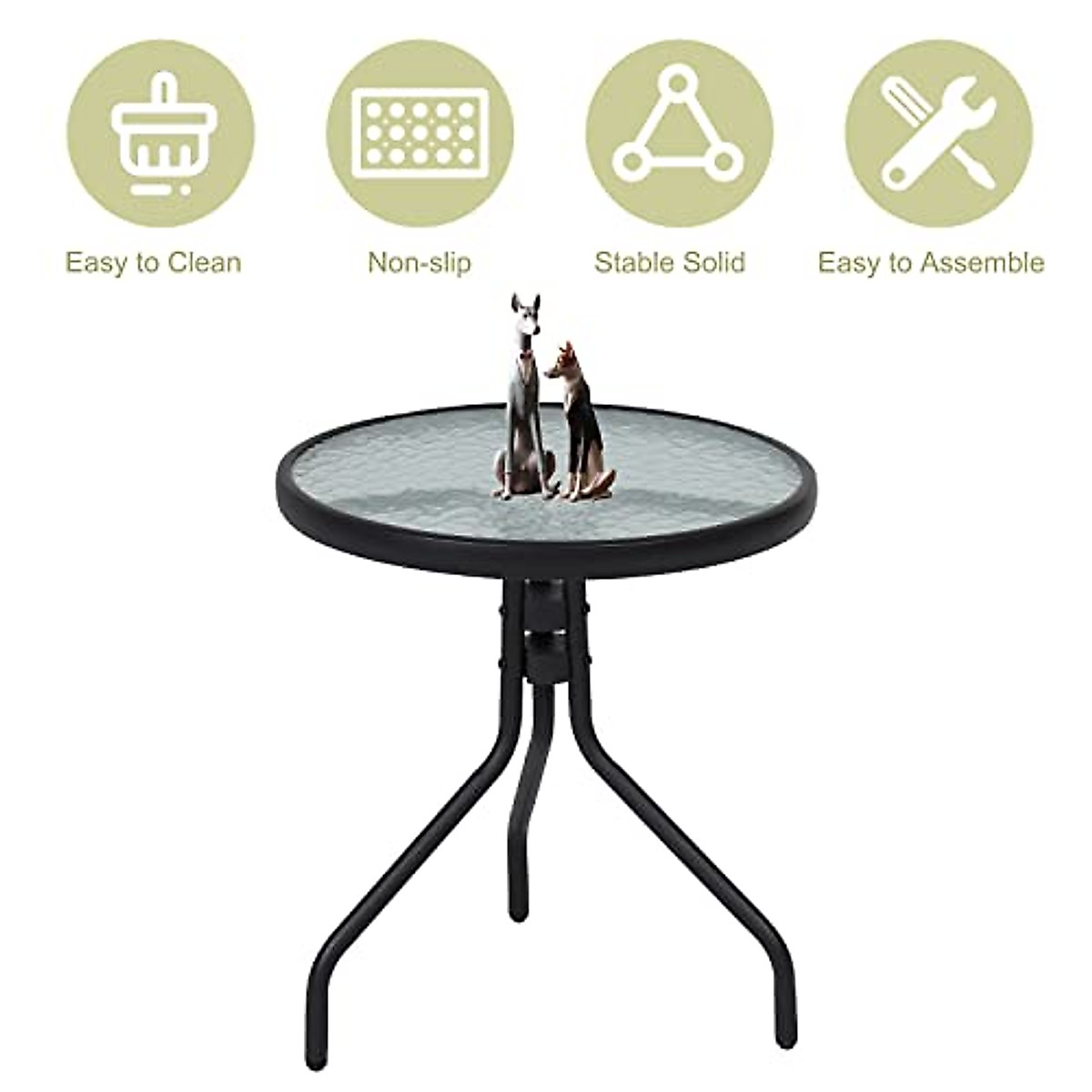 Kinsunny Round Bistro Coffee Table Set of 2, Patio Side Table Tempered Glass Top Metal End Table with Legs, for Outdoor Garden Backyard Lawn Poolside