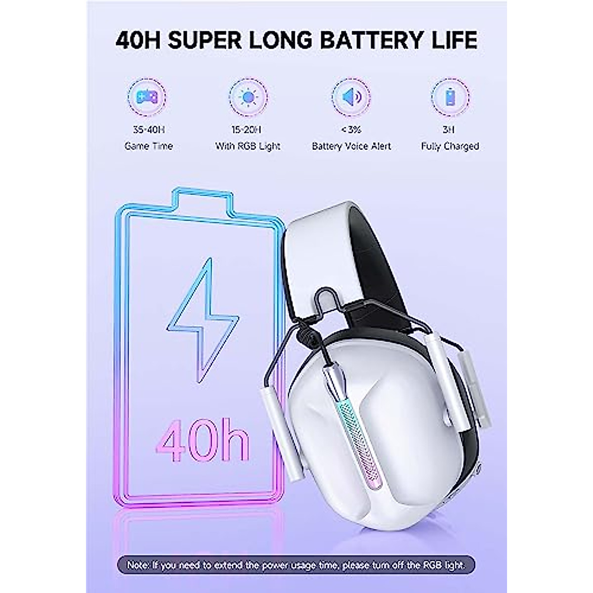 Gvyugke Captain 500 Wireless Gaming Headset, 2.4GHz USB Wireless Headset with Microphone for PS4/PS5/PC/Switch, Bluetooth 5.2 Gaming Headphones with 40H Battery, RGB Light, Ergonomic Design（White）