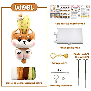 Needle Felting Beginner Kit, Needle Felting Kit, Needle Felting Starter Kit with Basic Felt Tools, Needle Felting Supplies with Foam Mat Felting Needles Wool Roving for DIY Crafts(Shiba Inu)