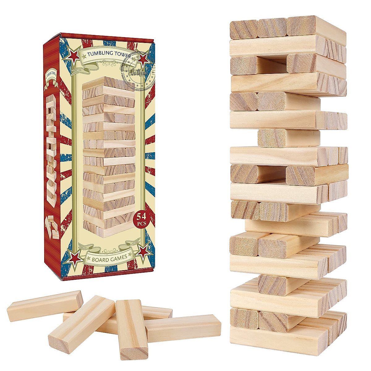 GOTHINK Tumble Tower Game for Kids and Adults, 54pcs Wooden Board Stacking Game for Family Game Night Classic Game, Standard Size