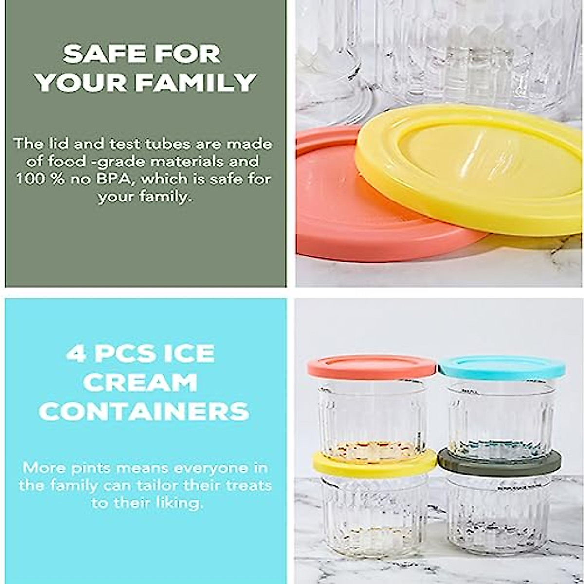 Containers Replacement for Ninja Creami Pints and Lids - 4 Pack, 24oz Cups Compatible with NC500 NC501 Series Ice Cream Maker - Dishwasher Safe, Leak Proof Lids Pink/Mint/Yellow/Blue