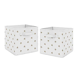 Sweet Jojo Designs Gold and White Celestial Star Foldable Fabric Storage Cube Bins Boxes Organizer Toys Kids Baby Childrens - Set of 2