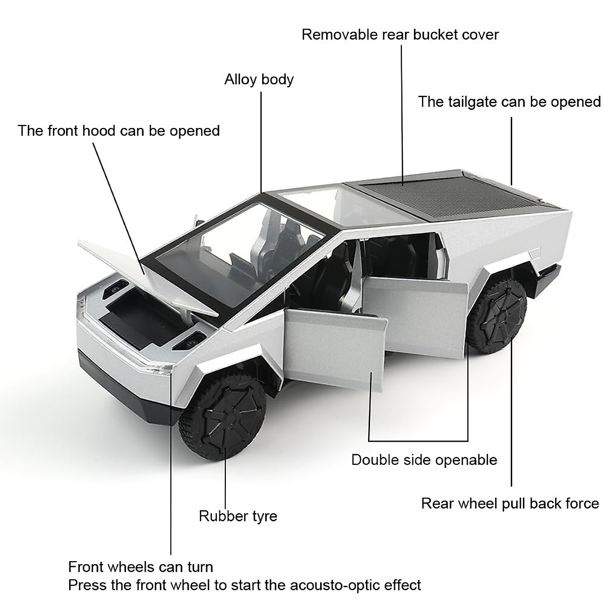 1/32 Pickup Off-Road Vehicle Alloy Car Model Diecast Metal Toy Truck Model Simulation Sound Light Gifts for boy Girl. (Silver)