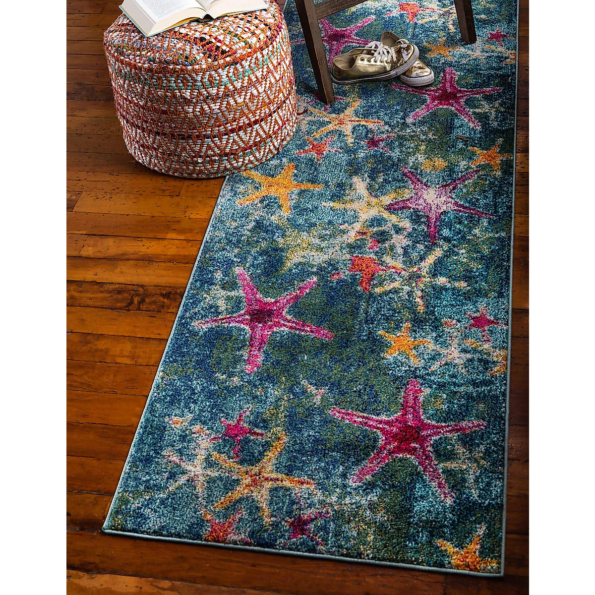 Unique Loom Positano Collection Coastal Modern Bright Colors Starfish Navy Blue Runner Rug (3' x 10')