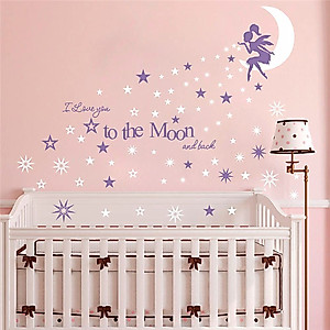 ANFRJJI Fairy Wall Decal "I Love You to The Moon and Back" Fairy Wall Sticker White moon and stars and purple elf fairy text and stars for Girl, Kids Bedroom Wall Decals, Nursery Decor JWH165 (purple