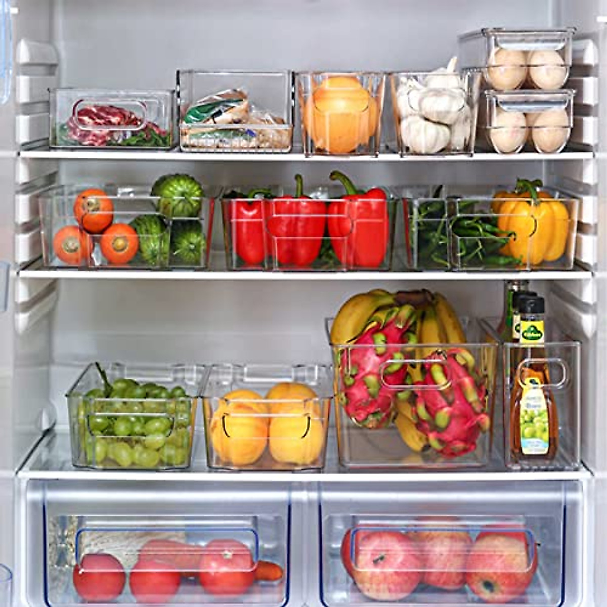 Ikaufen 4 Pack Stackable Refrigerator Organizer Bins, BPA Free Plastic Kitchen Storage Container Bins with Handles for Clear Organizer in Pantry, Cabinet, Refrigerator,Freezer Shelves,Drawer