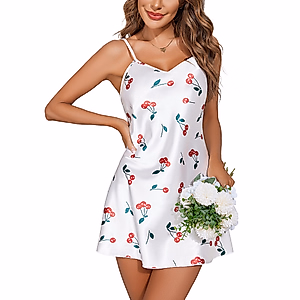 Avidlove Sexy Lingerie for Women Nightgown Satin Sleepwear Nightwear Full Slip Dress Short Lingerie Dress Underwear Cherry