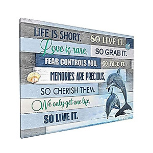 Dolphins Bathroom Decor Wall Art Beach Shell Themed Blue Ocean Animal Pictures Canvas Print Nautical Decor Artwork Life Inspirational Quotes Painting Framed Decoration for Living Room Bedroom12x16inch